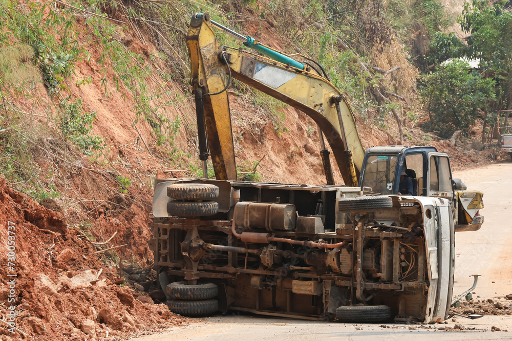 A dump truck that had an accident In the construction area, roads are ...