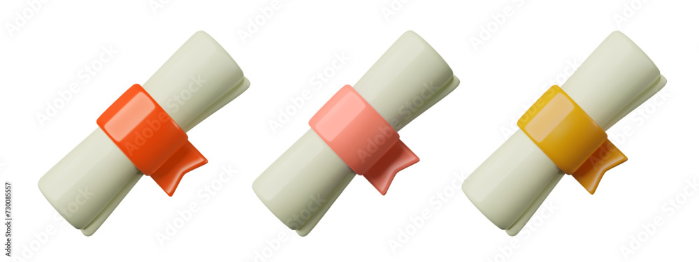 3D diploma paper scroll icons with different color ribbons. Front view ...