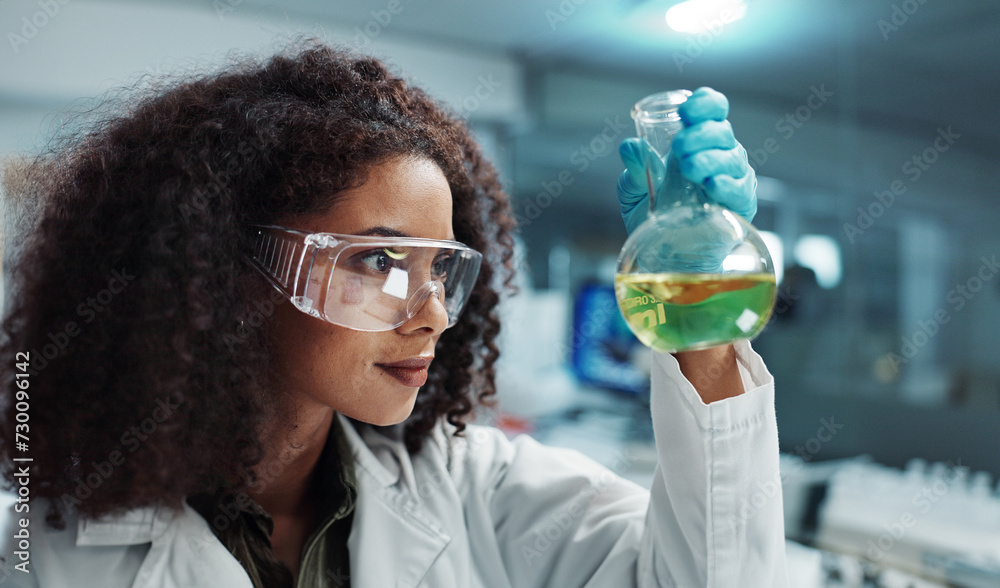 Scientist, woman and chemical with glasses in laboratory for chemistry ...