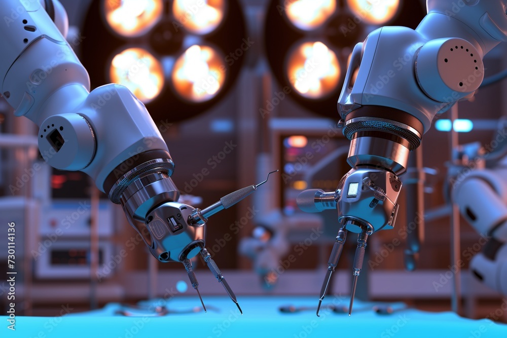 Robotic arms equipped with microscopic surgical tools, working inside a ...