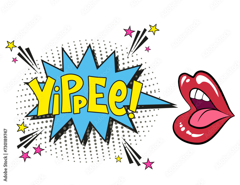 Comic lettering yippee with red lips and an open mouth. Vector bright ...