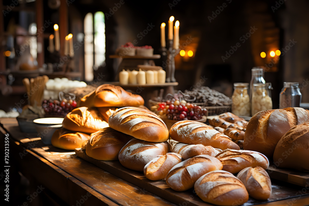 Rustic Bakery's Aromatic Collection. A rustic bakery table overflows ...