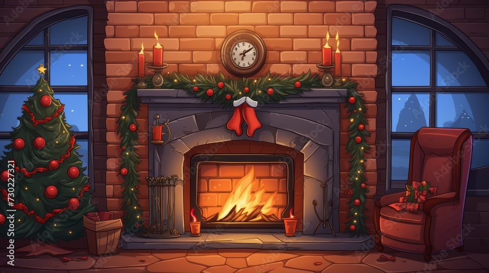 Cartoon illustration of a cozy Christmas fireplace with stockings ...