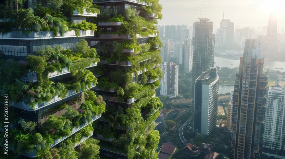 Futuristic Vertical Gardens on City Skyscrapers. Modern skyscrapers ...