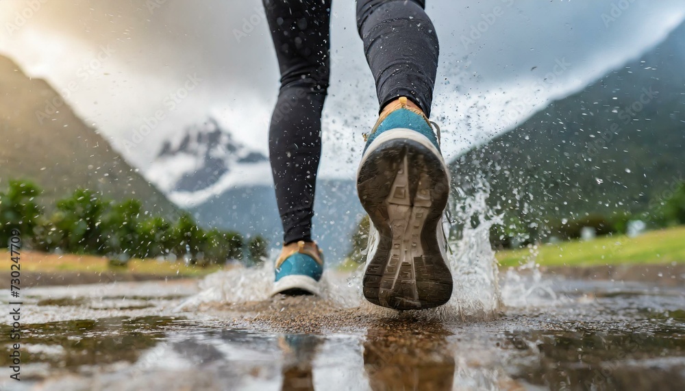 Young woman running in rainy weather, water and mud splashes as her ...