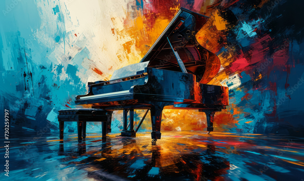 Abstract Artistic Explosion of a Grand Piano with Dynamic Color Strokes ...