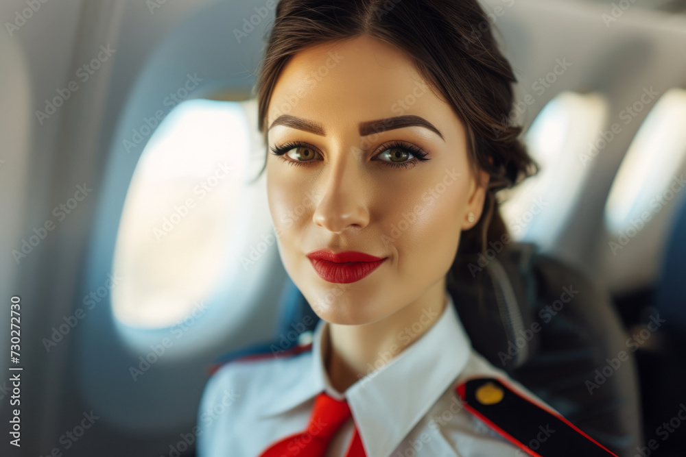 Photo Stock Beautiful female stewardess in airplane, Flight attendants ...