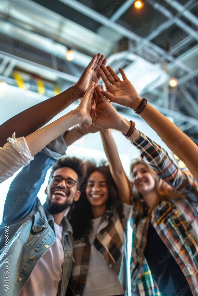 Enthusiastic team giving a high-five in a modern creative office ...