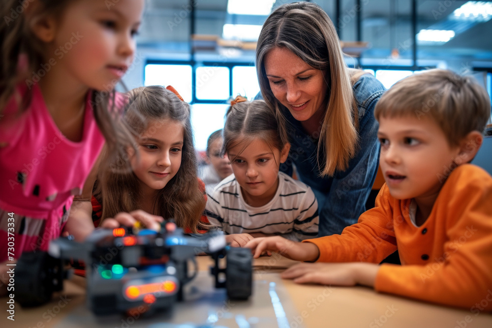 Elementary school coding: Teacher demonstrating mechanical robot programming to engaged young ...