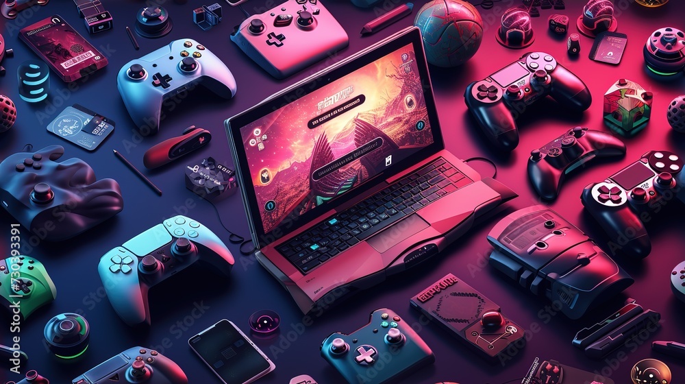 Gamer work space concept. gaming set up. top view of a gaming gear ...