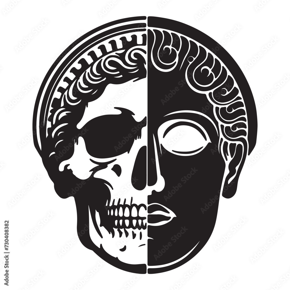 Head half made of skull and statue ancient art black silhouette on ...