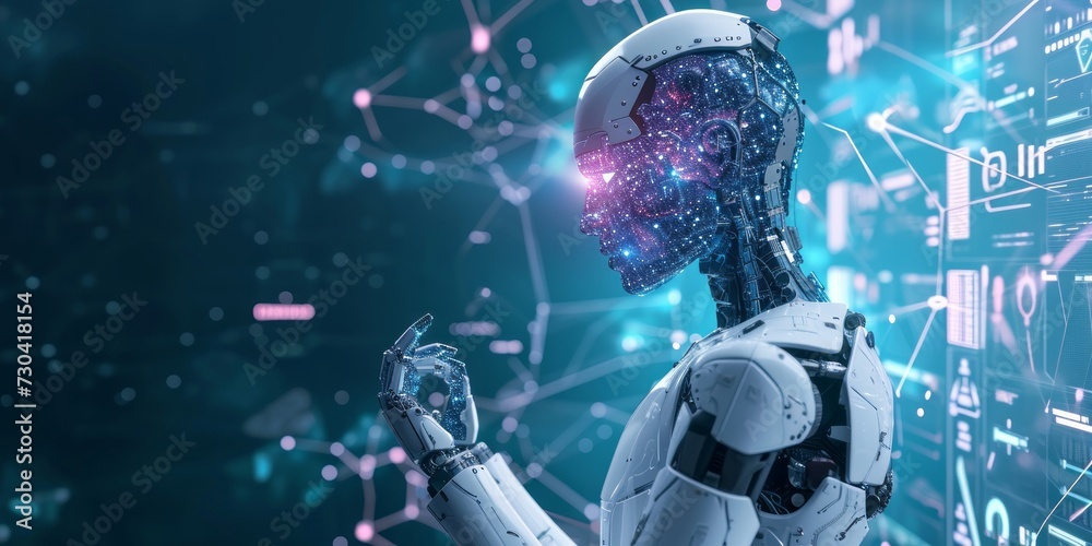 Robot humanoid using computer for big data analytic using AI thinking brain , artificial ...