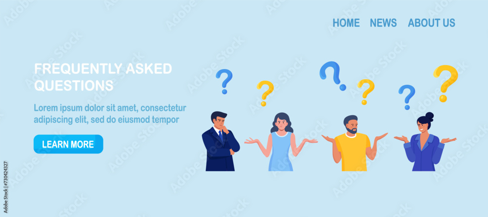 People thinking or solving problem. Frequently asked questions. Characters doubts and ...