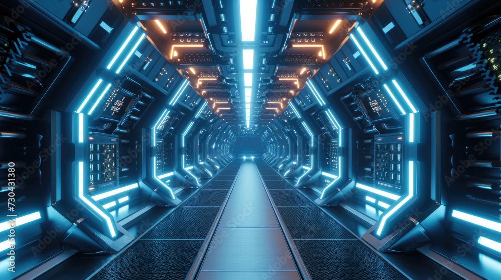 Corridor in futuristic spaceship, interior of starship or space station ...