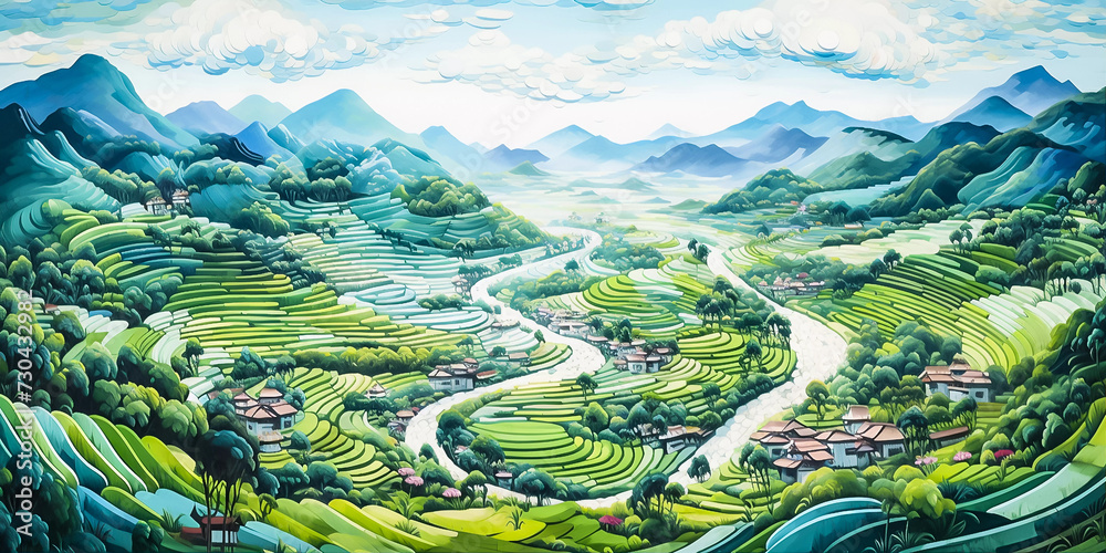 Panorama illustration of rice terraces in the countryside of Vietnam ...