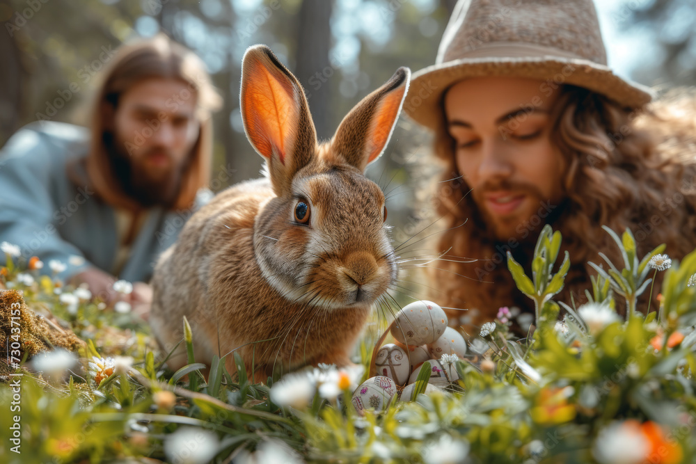 A group of friends engaged in a lively Easter-themed scavenger hunt ...