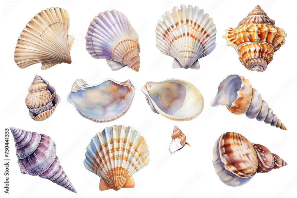 Watercolor set of different seashells isolated transparent background ...