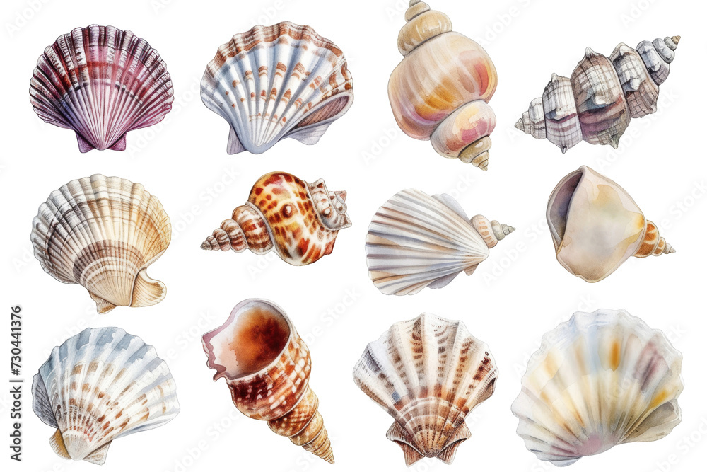 Watercolor set of different seashells isolated transparent background ...