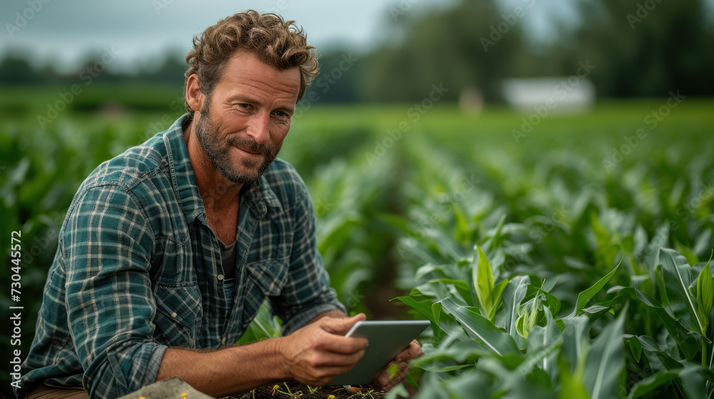 A modern farmer in a corn field using a digital tablet to view crop and ...