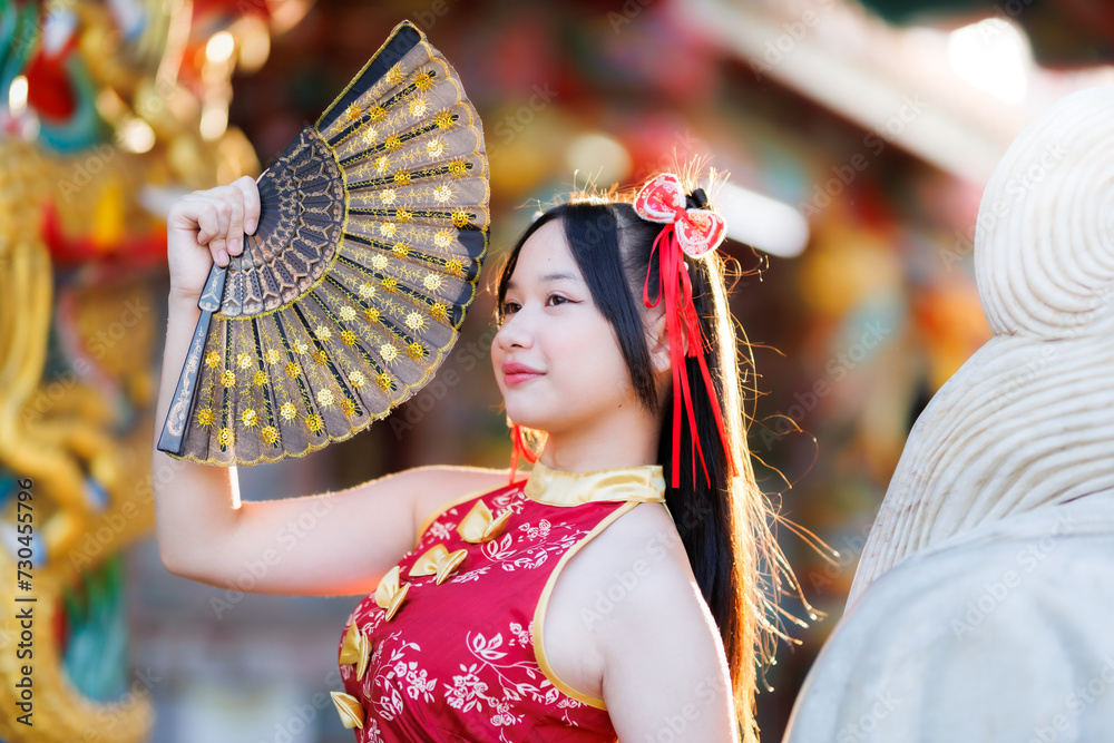 Portrait beautiful cute smiles Asian young woman wearing red ...