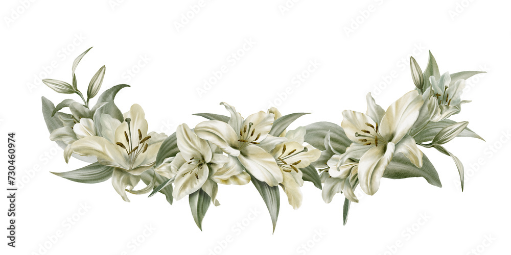 Watercolor composition of white lily flowers with leaves. For postcards ...