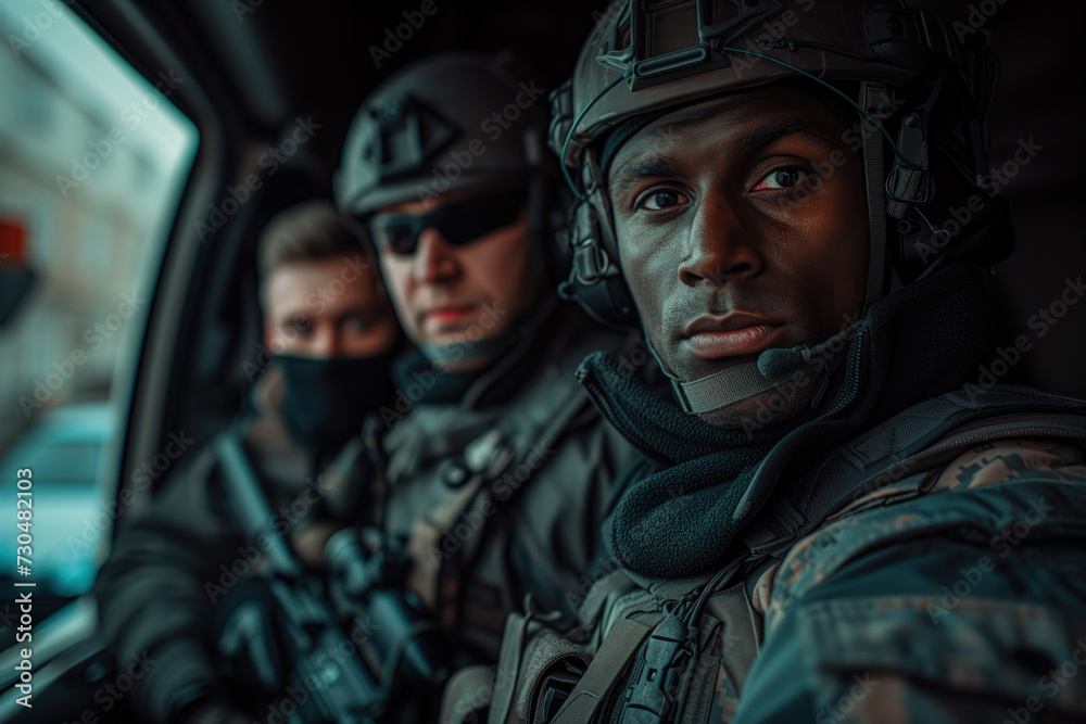 Advertising portrait shot of a swat staff team standing together in a ...