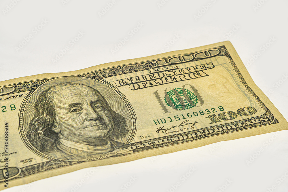 Franklin watermark on 100 bill. fragment of 100 dollar banknote with ...