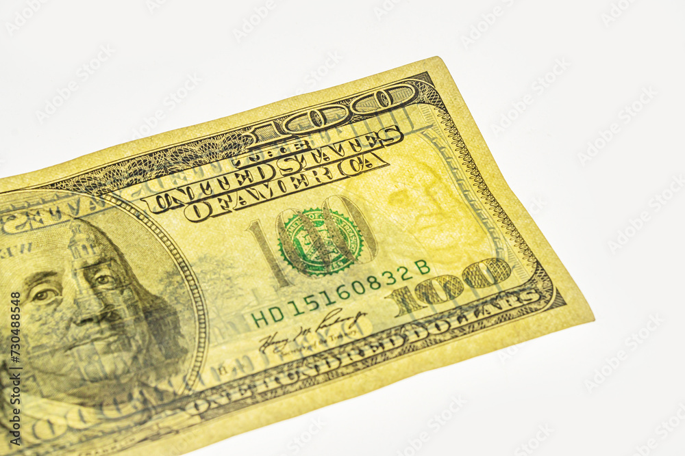Franklin watermark on 100 bill. fragment of 100 dollar banknote with ...