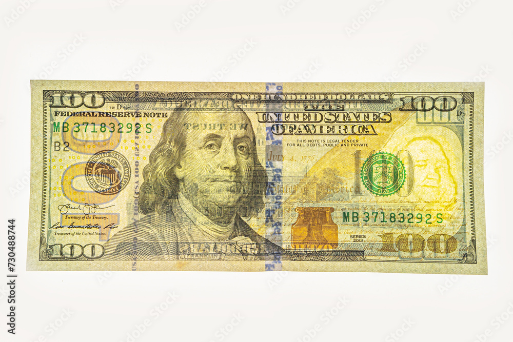 Franklin watermark on 100 bill. fragment of 100 dollar banknote with ...
