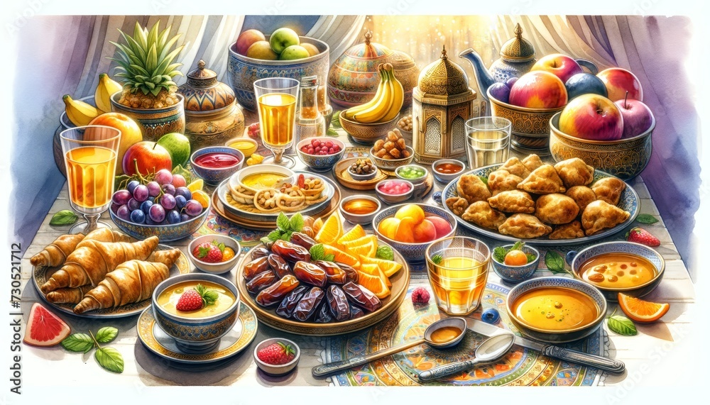 watercolor illustration depicting a variety of traditional foods ...