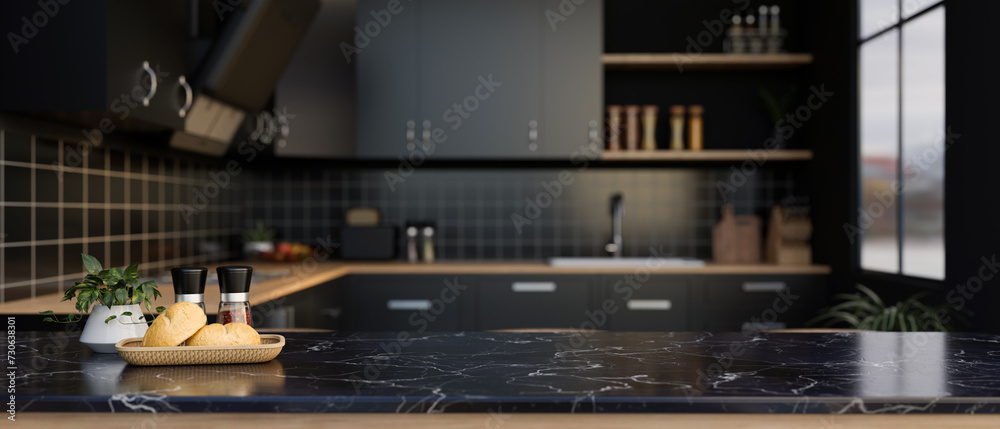 A space for displaying your product on a black marble kitchen ...