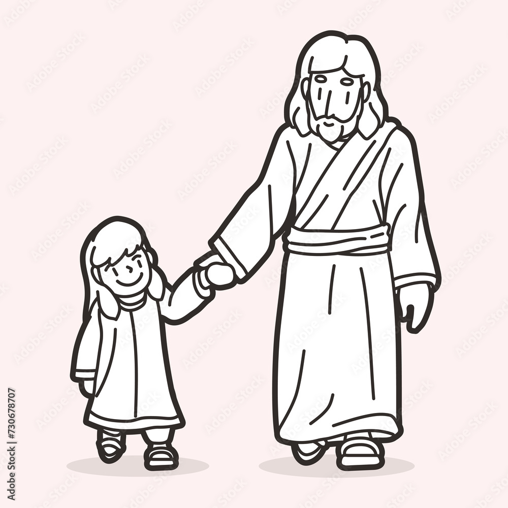 Jesus Walked Holding the Hand of a Little Girl Filled with Warmth Love ...
