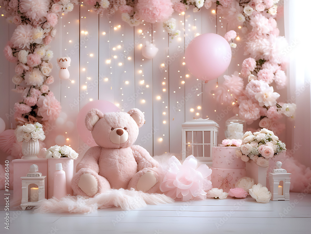 Pink Teddy Bear Digital Background for Baby Birthday Cake Smash Studio ...