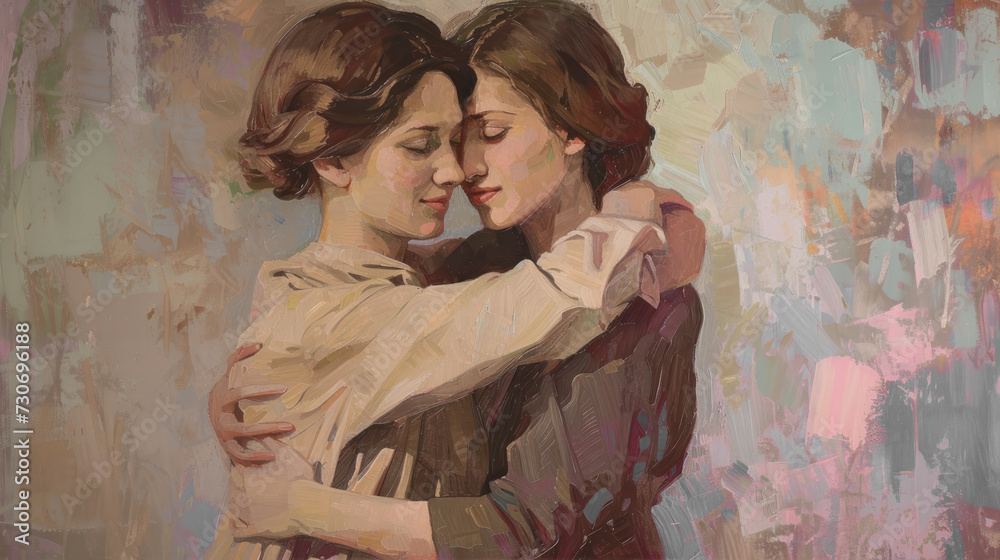 Two girls in love hug. Illustration in oil painting style. Stock ...