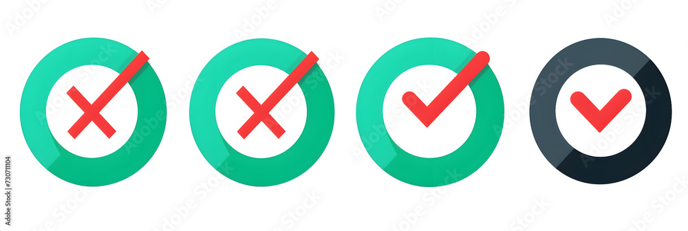 Green check mark, red cross mark icon set. Isolated tick symbols, checklist signs, approval ...