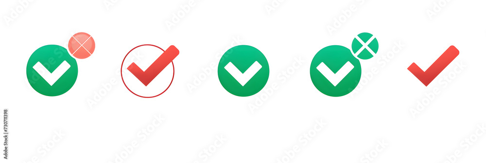 Green check mark, red cross mark icon set. Isolated tick symbols, checklist signs, approval ...