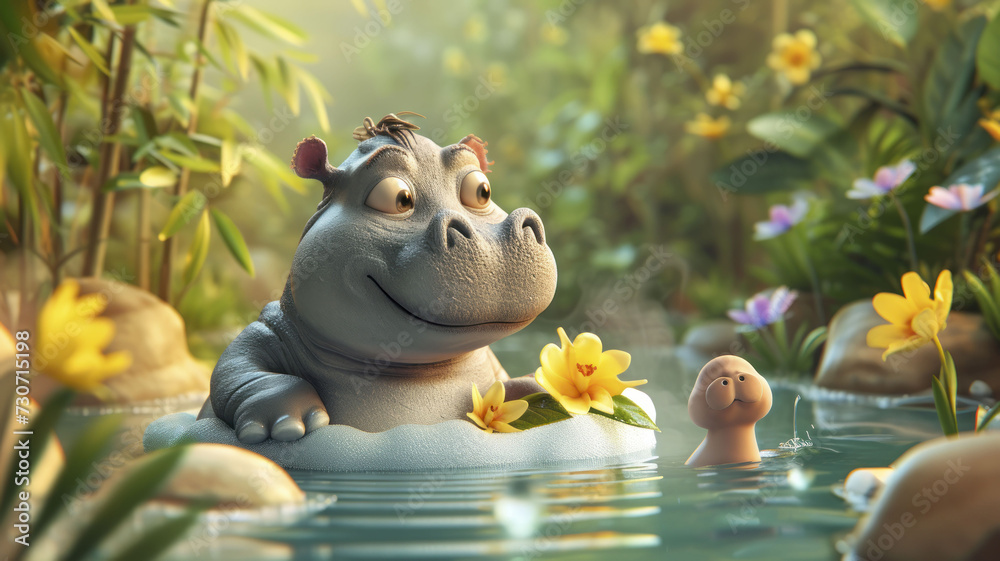Animated influencer hippo hosting a spa day, demonstrating mud baths ...