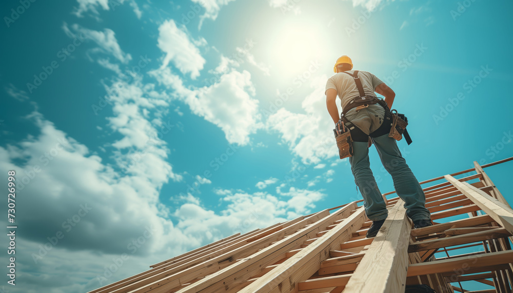 A man builder in a helmet builds the frame of the roof of the house ...