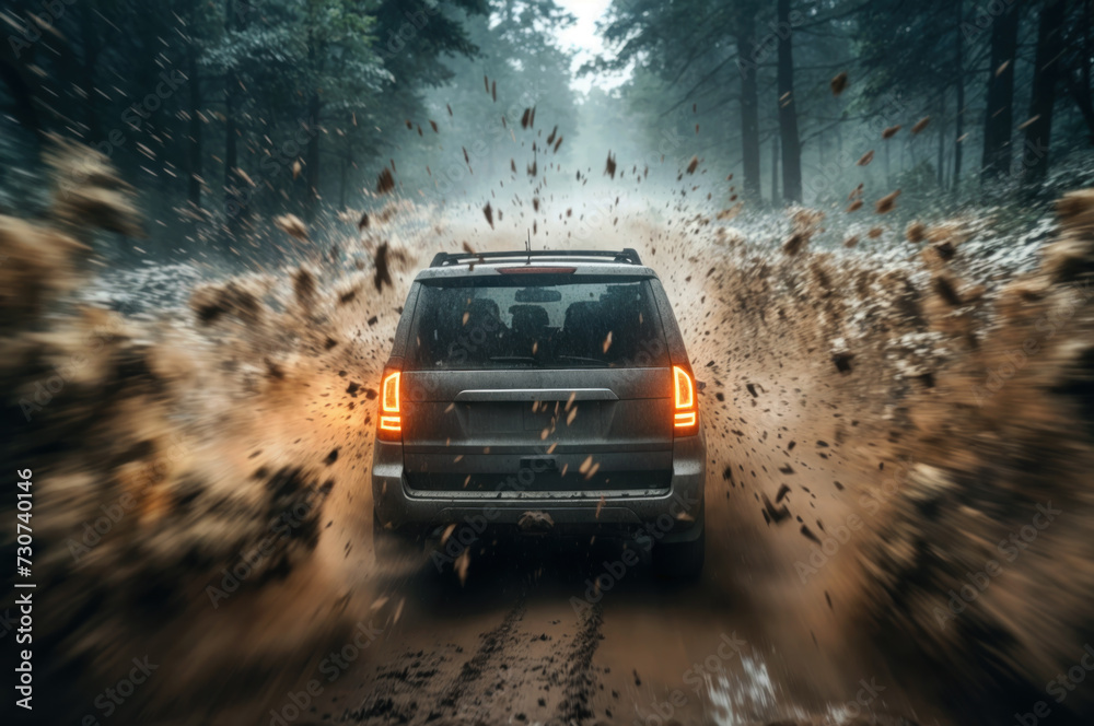 Car driving through mud and dirt. Embarking on an adrenaline fueled off ...