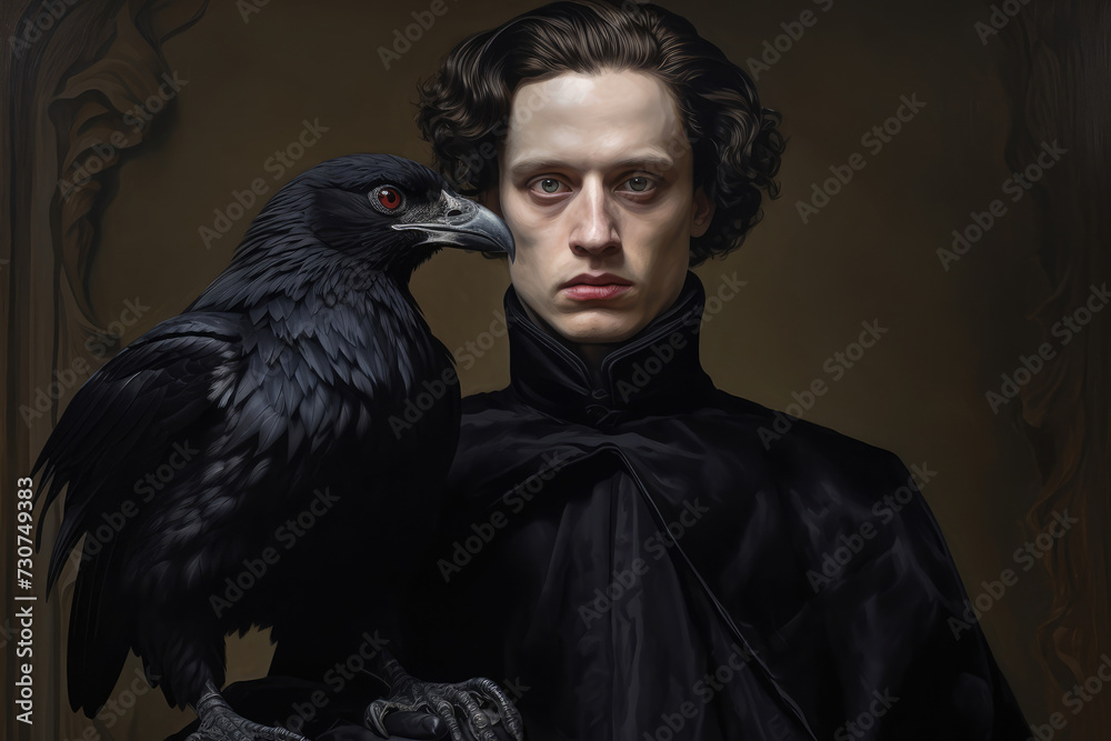 Mystical illustration of a male witcher with a black wild raven sitting ...