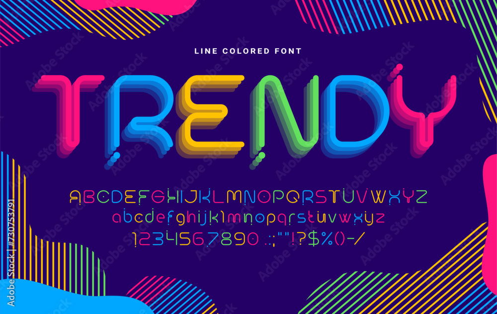 Modern font of neon light line typeface, abstract round geometric type ...