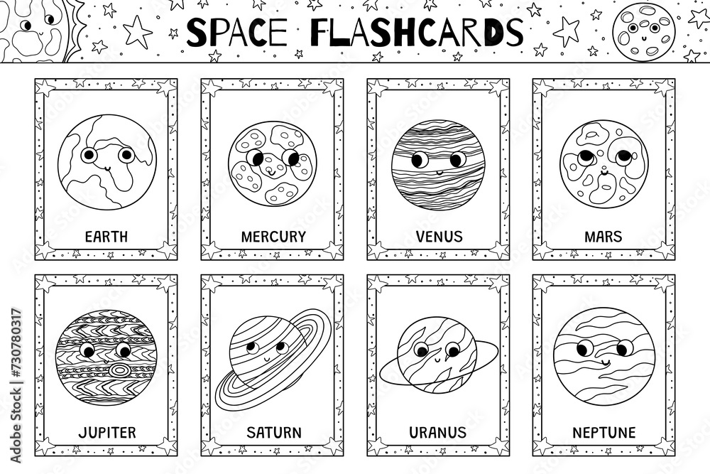 Space flashcards black and white collection with cute planet characters ...