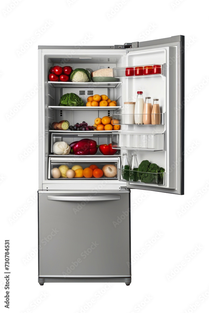 An isolated kitchen refrigerator with its door open, revealing various ...