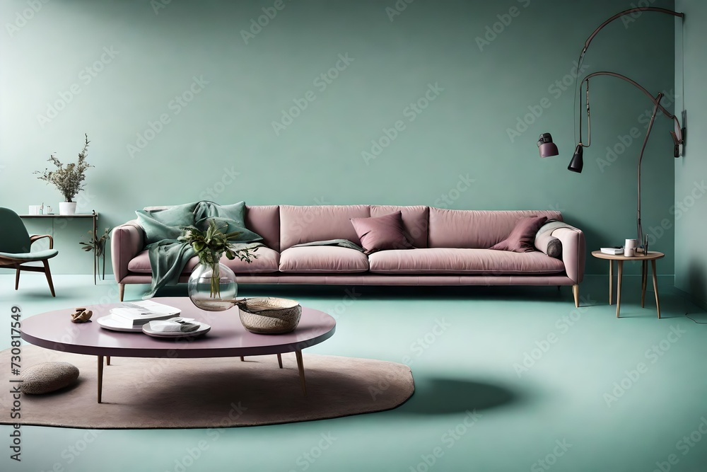 Subdued elegance with a mauve sofa and a sleek coffee table against an ...