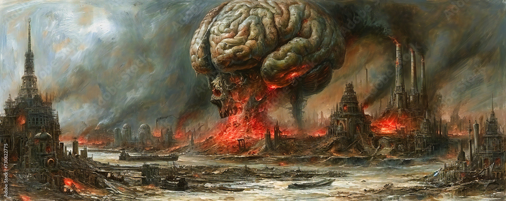 A dramatic nuclear explosion, representing the devastating power of atomic energy and the ...