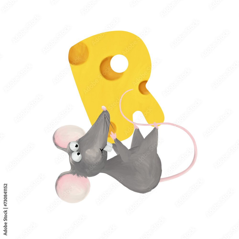 Bright cheese alphabet. Cute and funny rat with letter R. Tasty ...