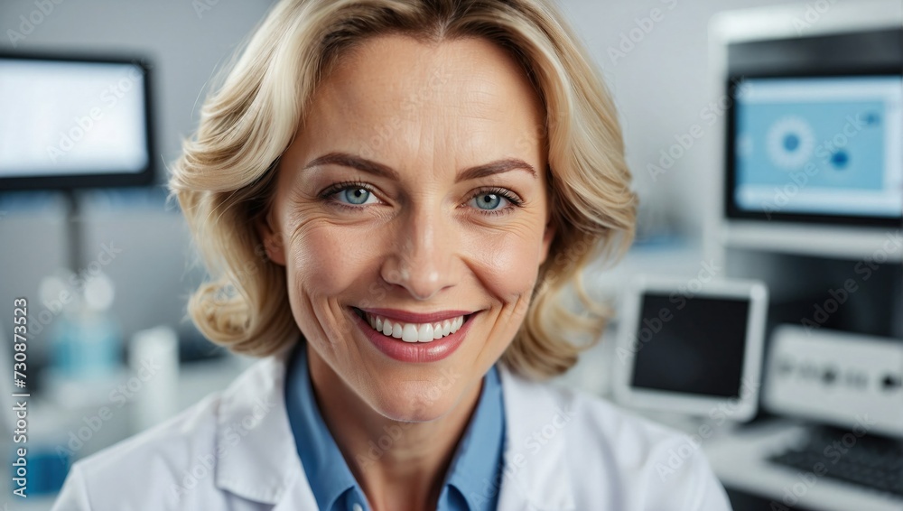 Close-up portrait of a middle-aged white female scientist with blonde ...