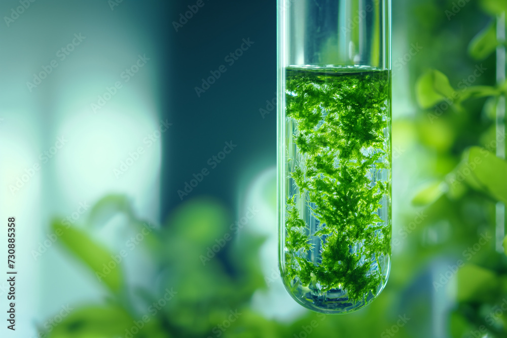 Green algae in a test tube in a laboratory, biology, science ...