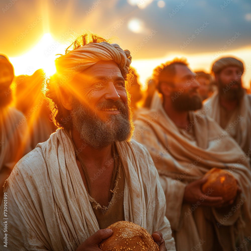 Multiplication of the loaves by Jesus Christ. Gospel story. Christian ...