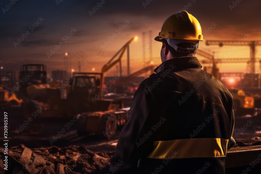Construction worker at work in his yellow hi-vis vest, panorama, site ...